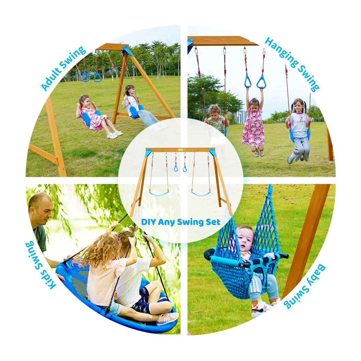 SuniBoxi Kids Swing Sets: Wooden Playground, 2 Swings, Trapeze, DIY Kit. Outdoor Play, Ages 3-6 ...